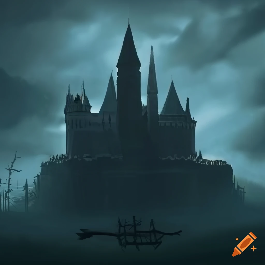 Foreboding black castle mhap against stormy sky with jagged towers on ...