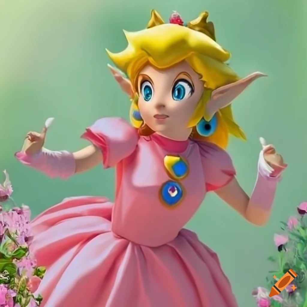 Link as Princess Peach with a parasol in a beautiful garden on Craiyon