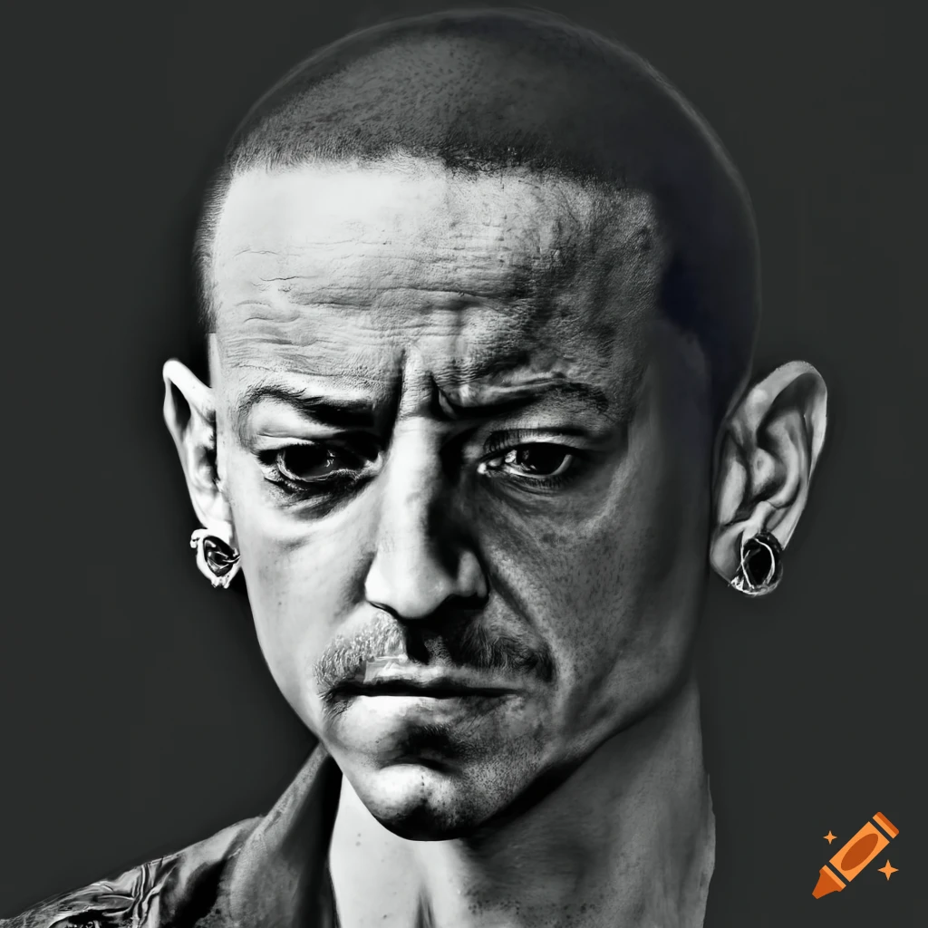 Black and white realistic portrait of Chester Bennington on Craiyon