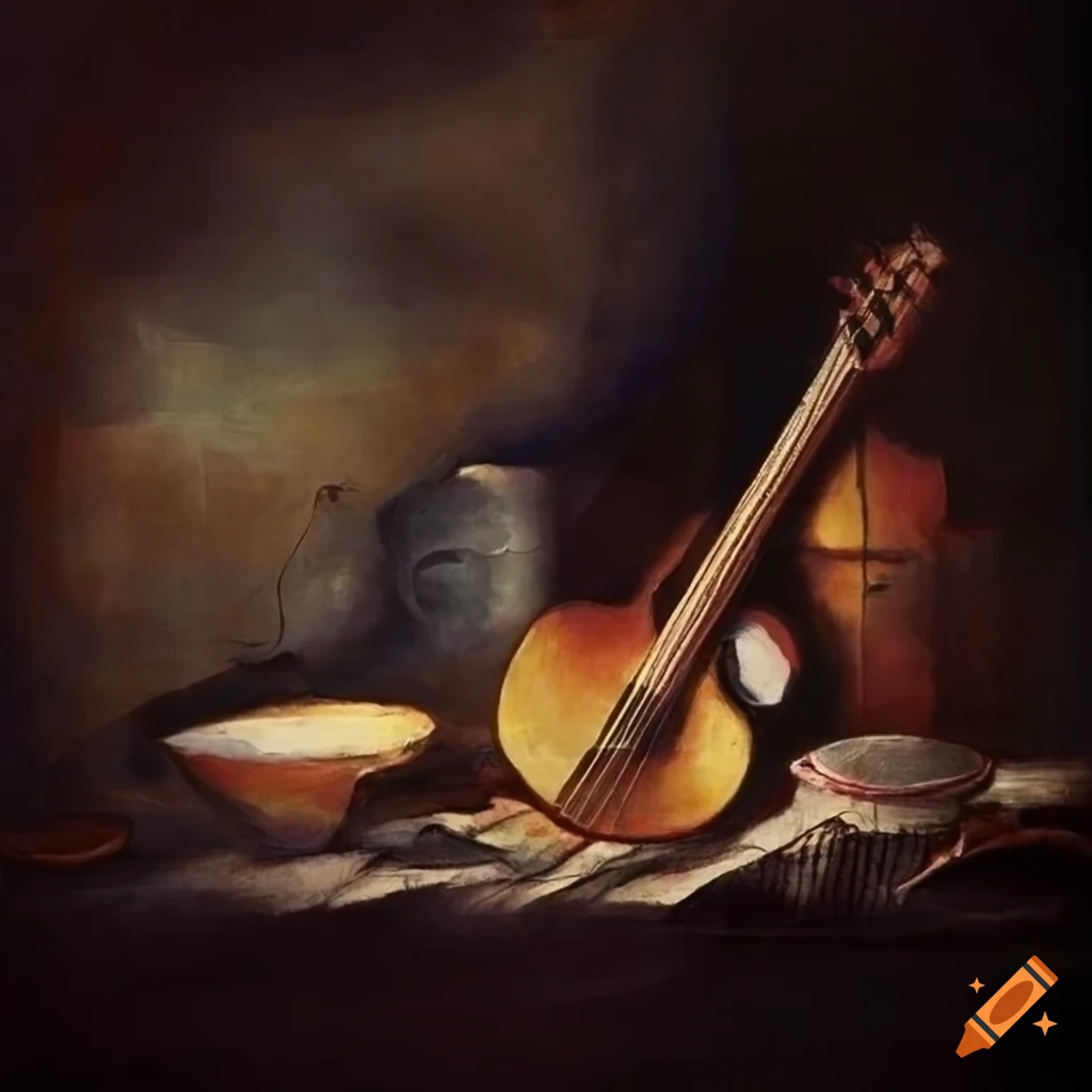 Modern still life with musical instruments and books in a cubist style ...