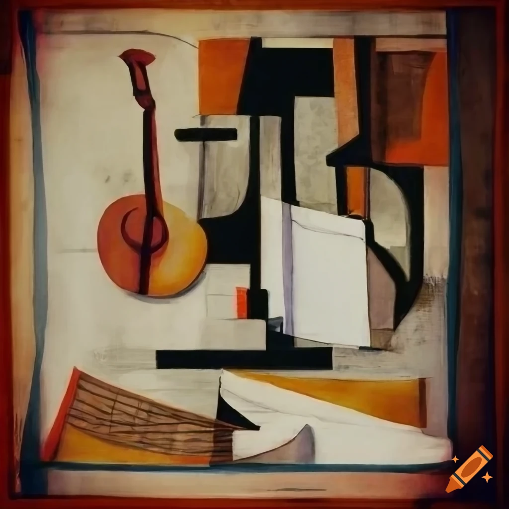 Modern still life with musical instruments, piano, dishes, books in ...