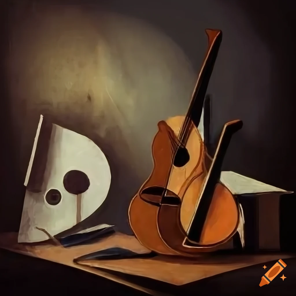 Modern still life with musical instruments, notes, piano, fabric ...