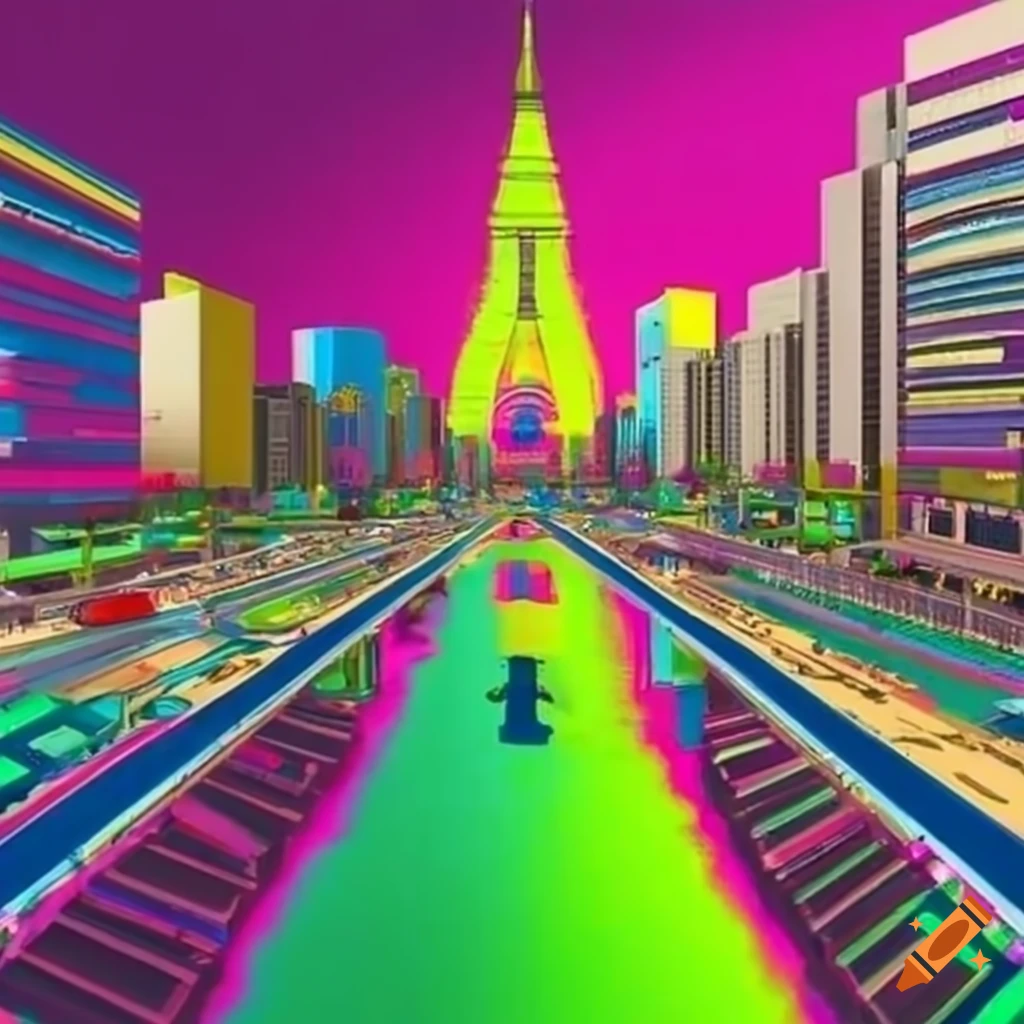 Hyper super city in green, pink, and yellow with landmarks and amazing ...