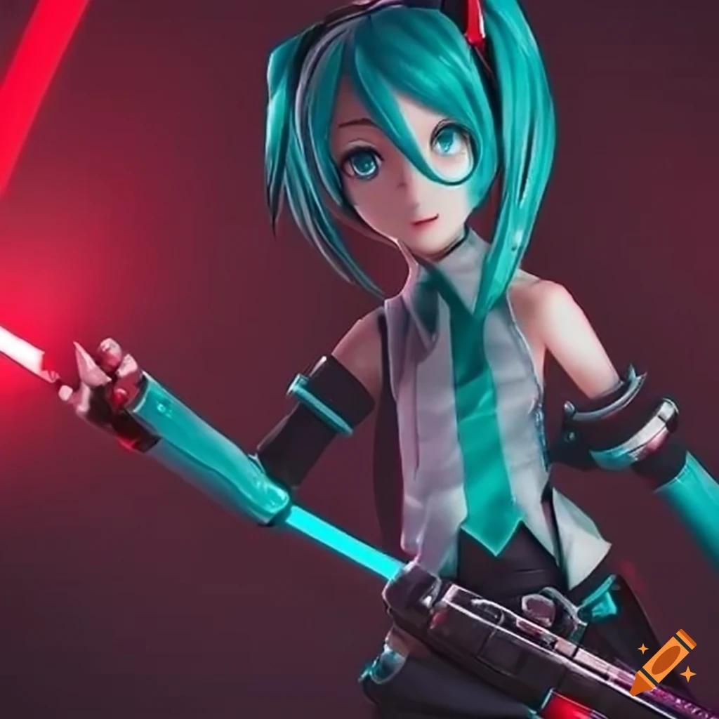 Hatsune Miku wielding a red lightsaber with Sith vibes on Craiyon