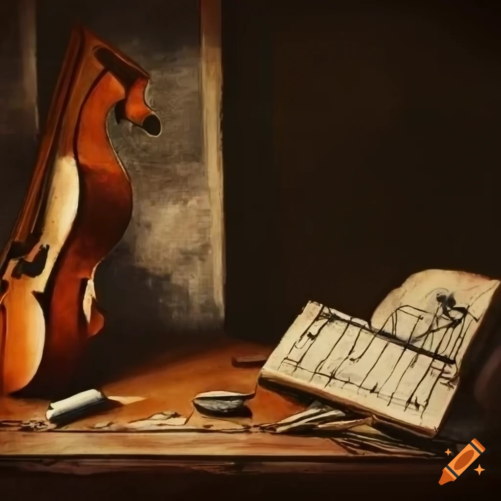 Modern still life with musical instruments and books in a cubist style ...