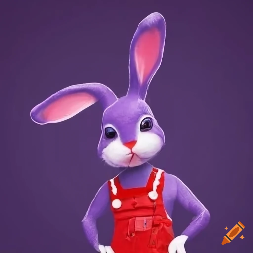 Purple rabbit in red dungarees standing up on Craiyon