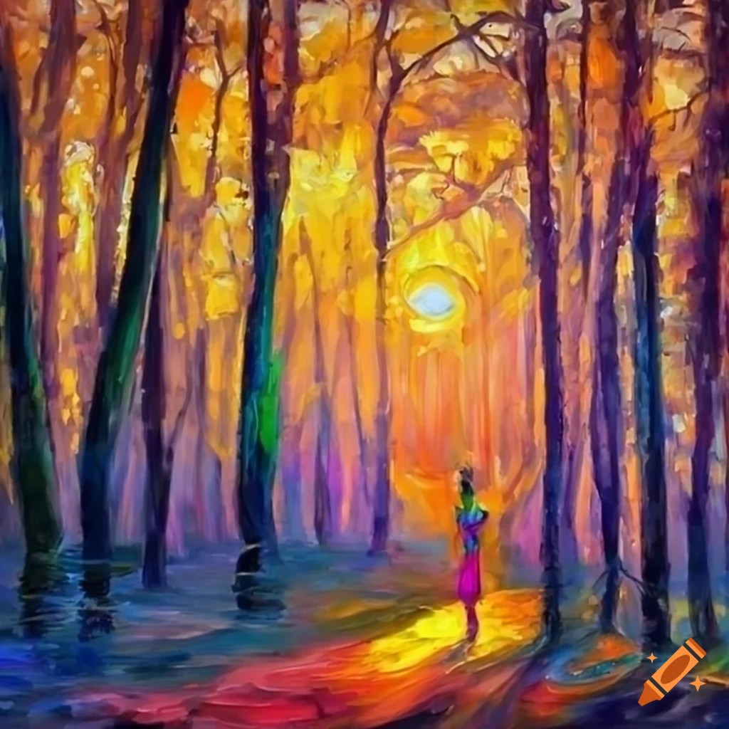 Sunset in a forest with an elf on Craiyon