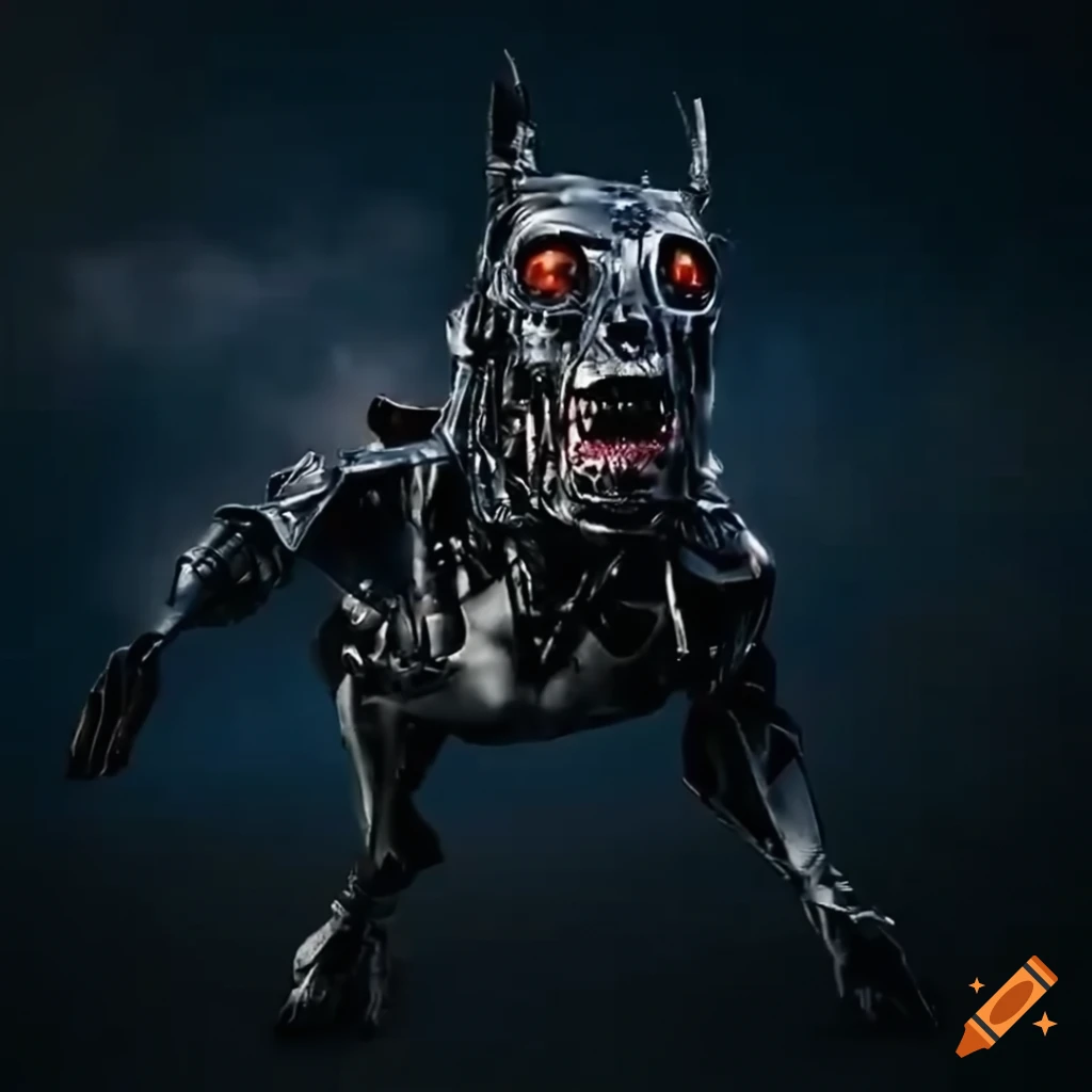 Terminator Dog chasing frisbee in a night park on Craiyon