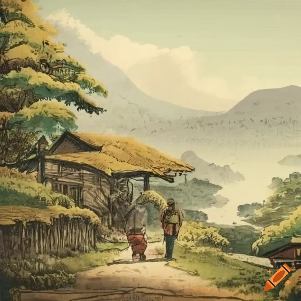 Detailed vintage drawing of japanese countryside with person in the ...