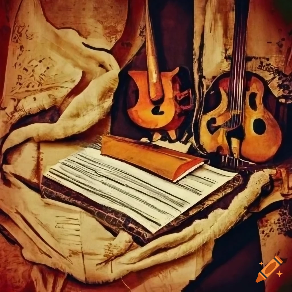 Modern still life with musical instruments, notes, and dishes in cubist ...