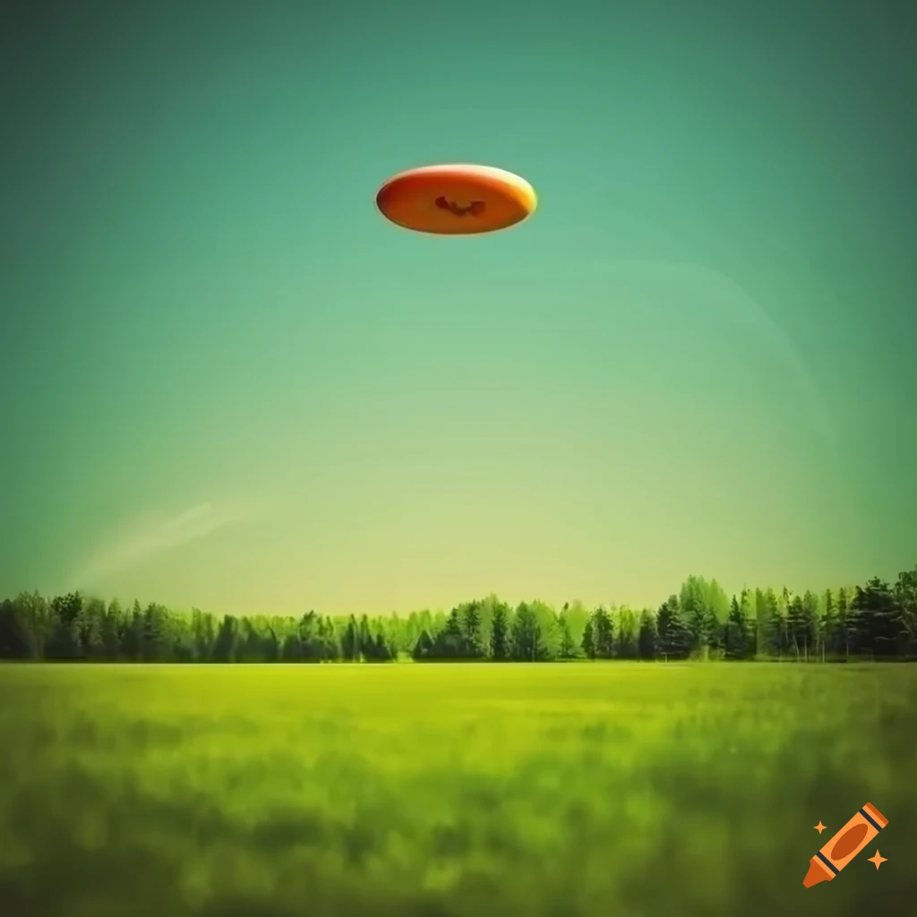 Round frisbee disc flying in a green field surrounded by trees on Craiyon