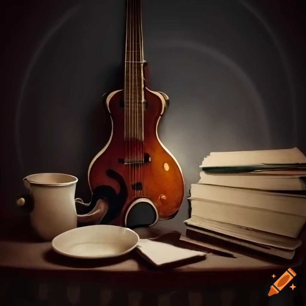 Modern still life with old fabric, musical instruments, notes, dishes ...