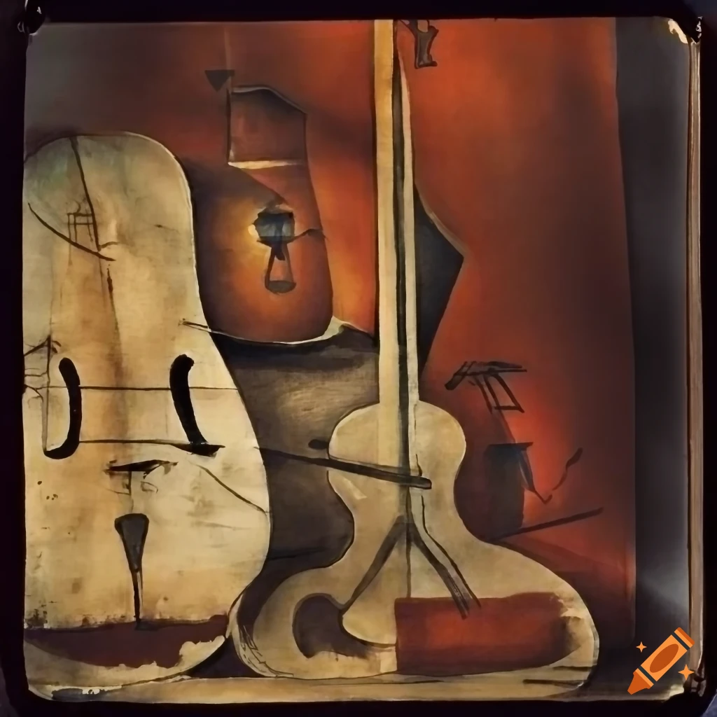 Modern still life with musical instruments, notes, dishes, books in a ...