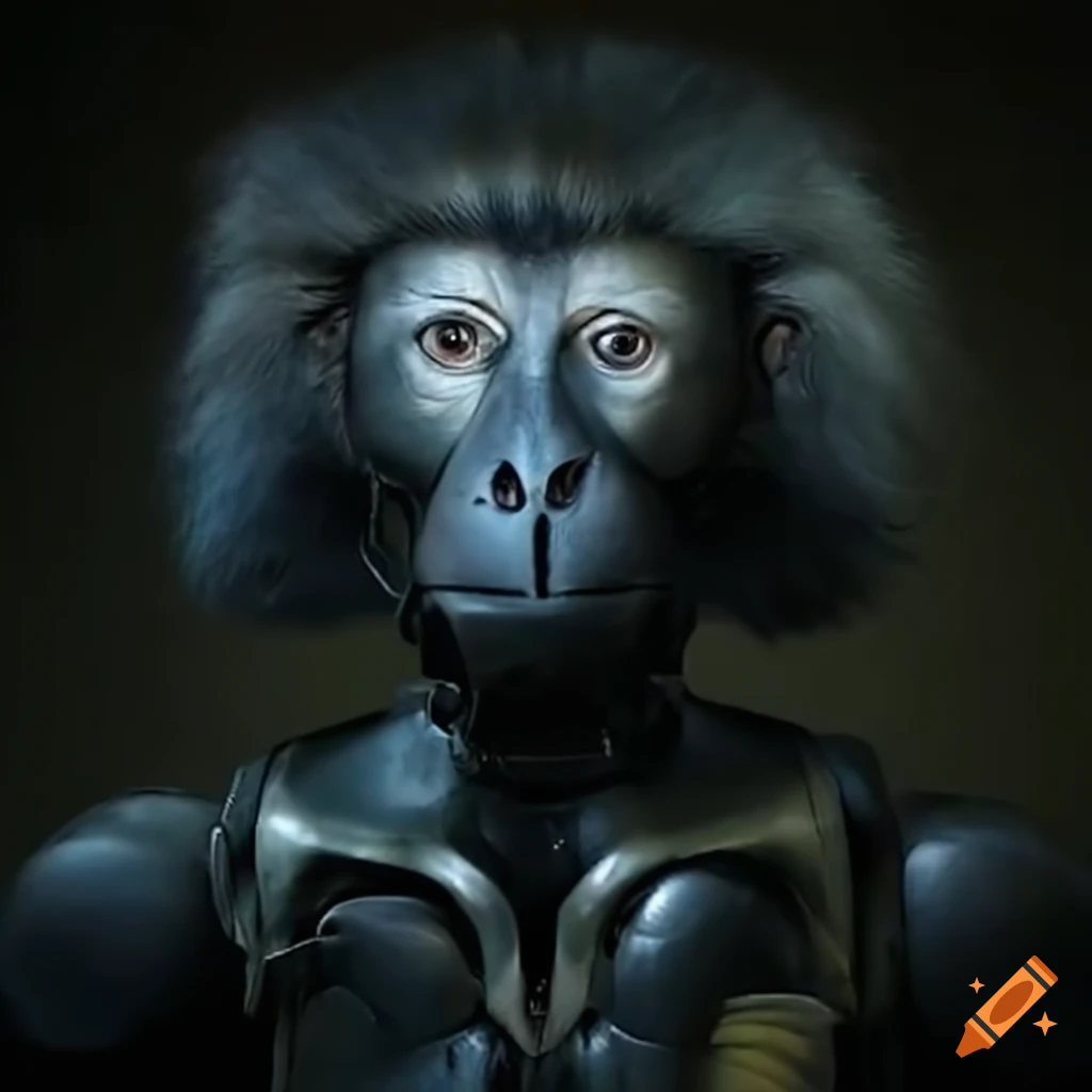 Robot hunting a primate-like beast in the jungle on Craiyon