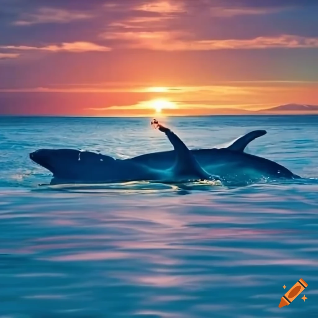 Majestic blue whales swimming in clear waters into the sunset on Craiyon