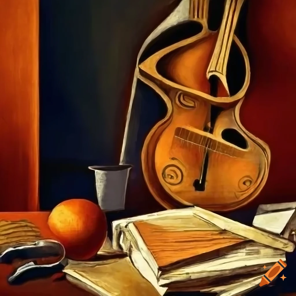 Modern still life with musical instruments, piano, dishes, books in a ...