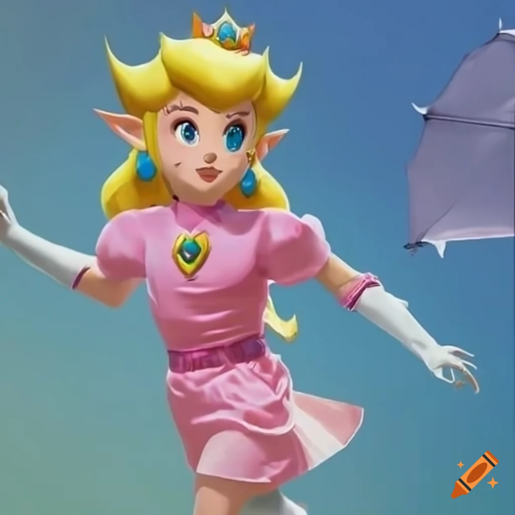 Link cosplaying as Princess Peach running in a garden on Craiyon