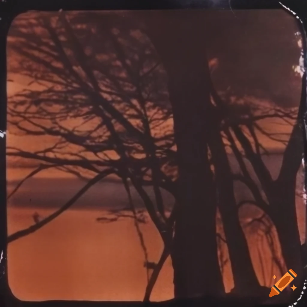 Grainy 70s polaroid photo of a dark tree at sunset on the seashore on ...