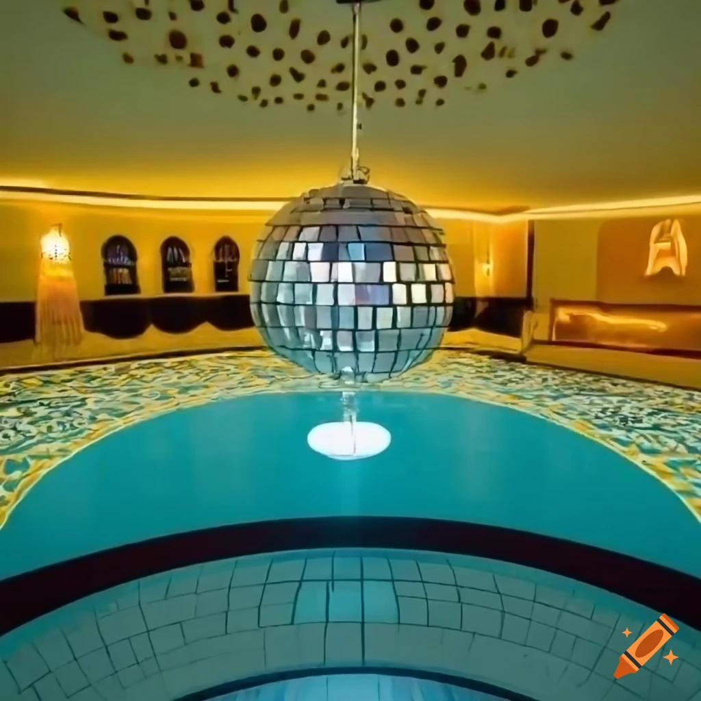 Liminal space with a colorful disco ball in a yellow patterned hotel ...