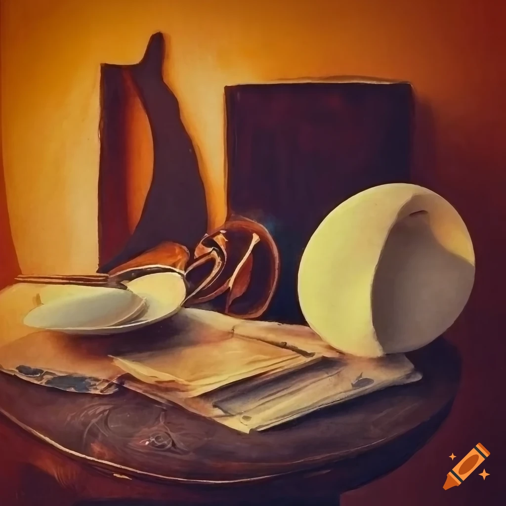 Modern still life with musical instruments, notes, dishes, and books in ...