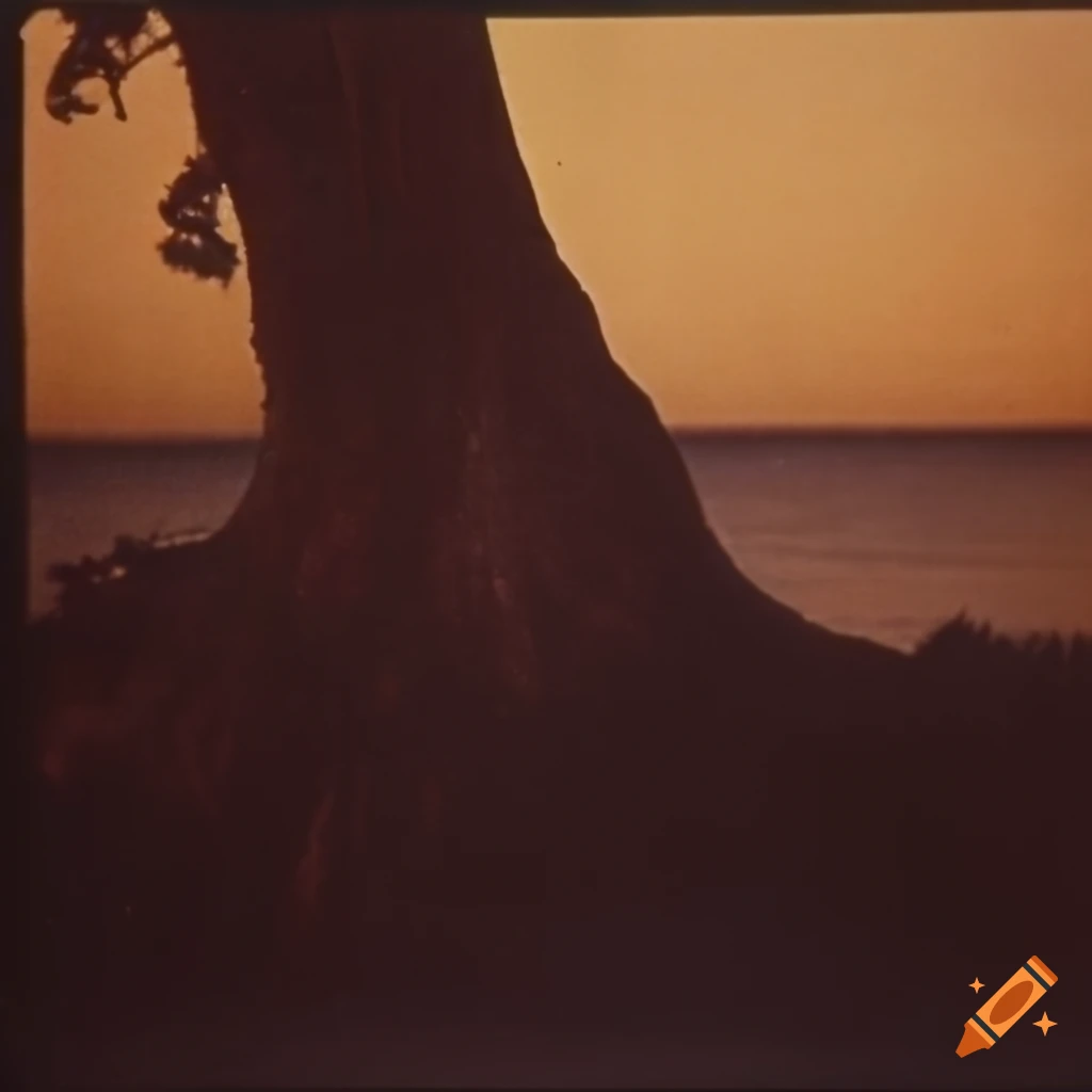Vintage 70s polaroid photo of a dark tree at sunset by the seashore on ...
