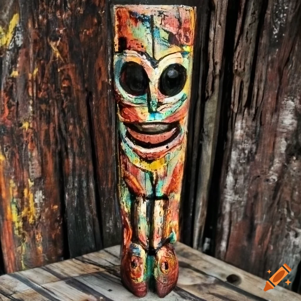 Wooden Giger alien totem painted in Jackson Pollock style on Craiyon