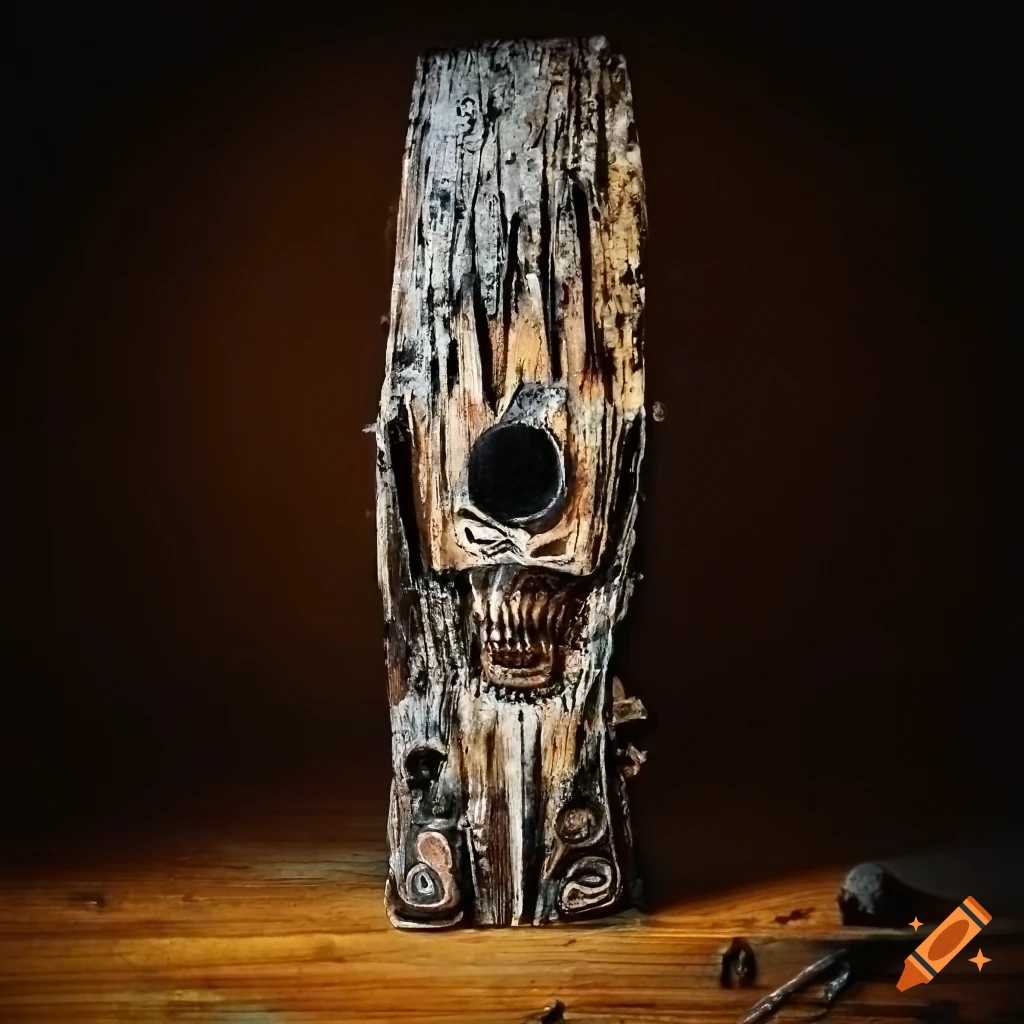 Weathered and broken wooden Giger alien totem in Jackson Pollock style ...