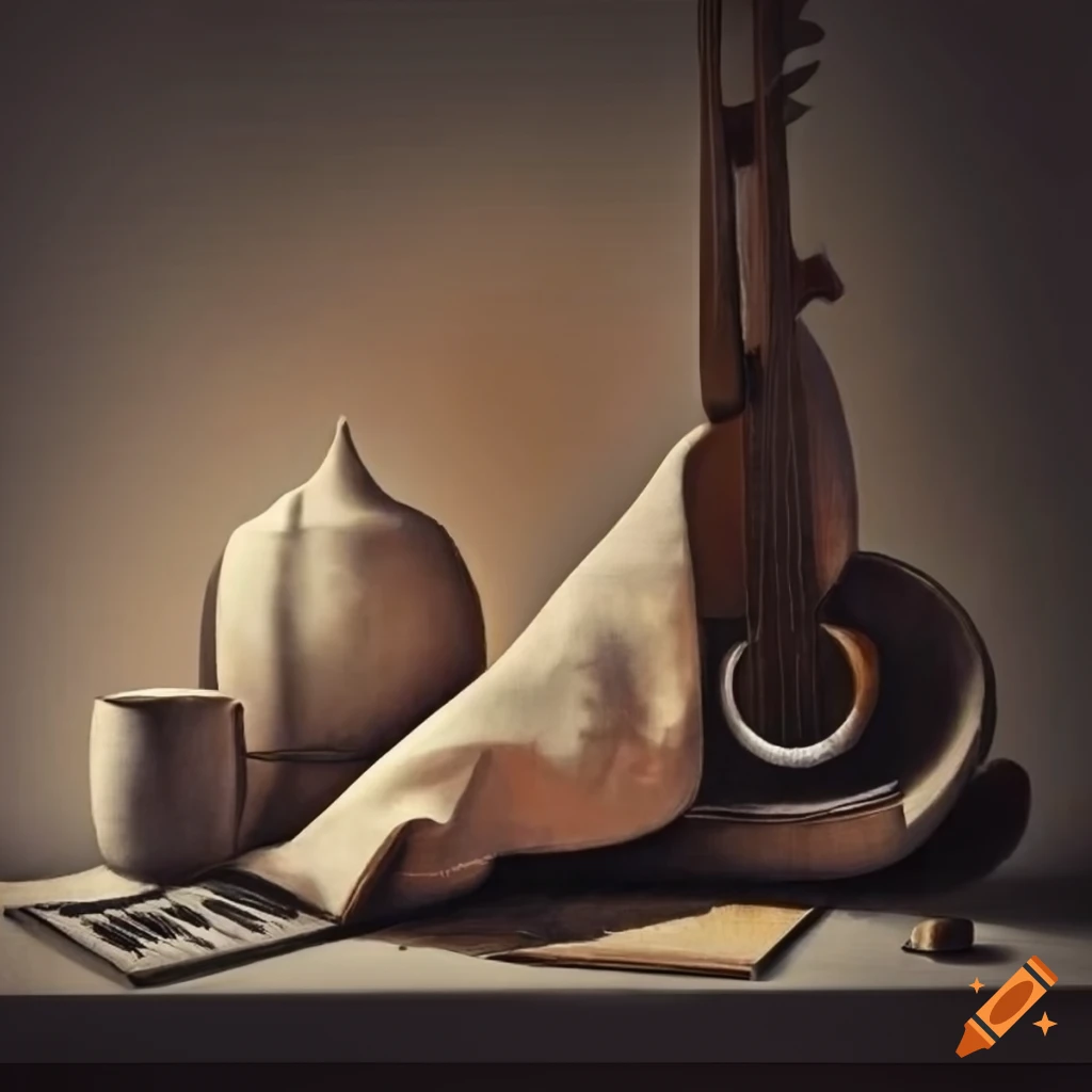 Modern still life with musical instruments, notes, and dishes in a ...