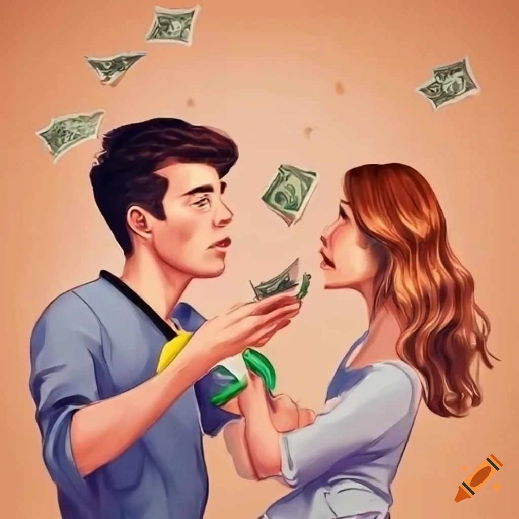 Young couple: greedy husband counting money, timid wife working in ...