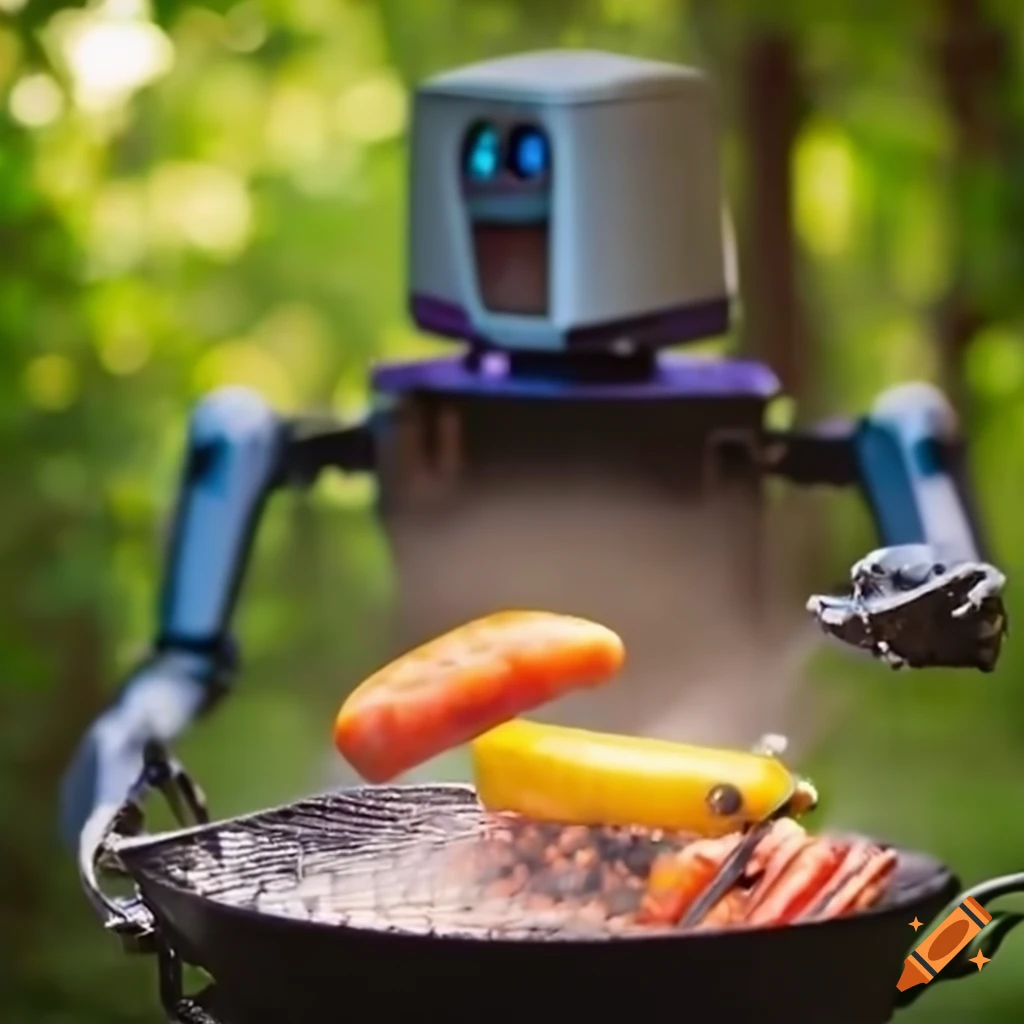 Robot cooking vegetables on a barbecue in a park on Craiyon