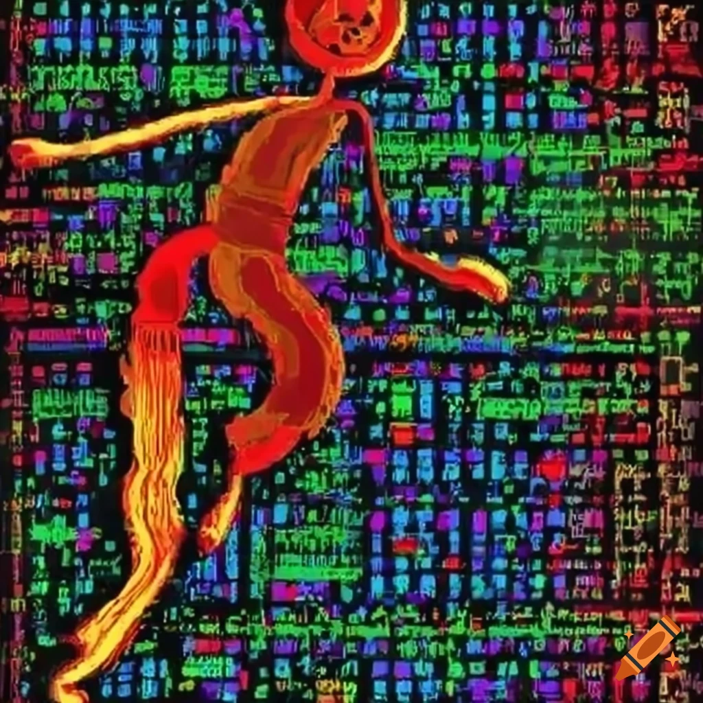 Stickman hiking on a mountain of code in a digital matrix landscape on ...