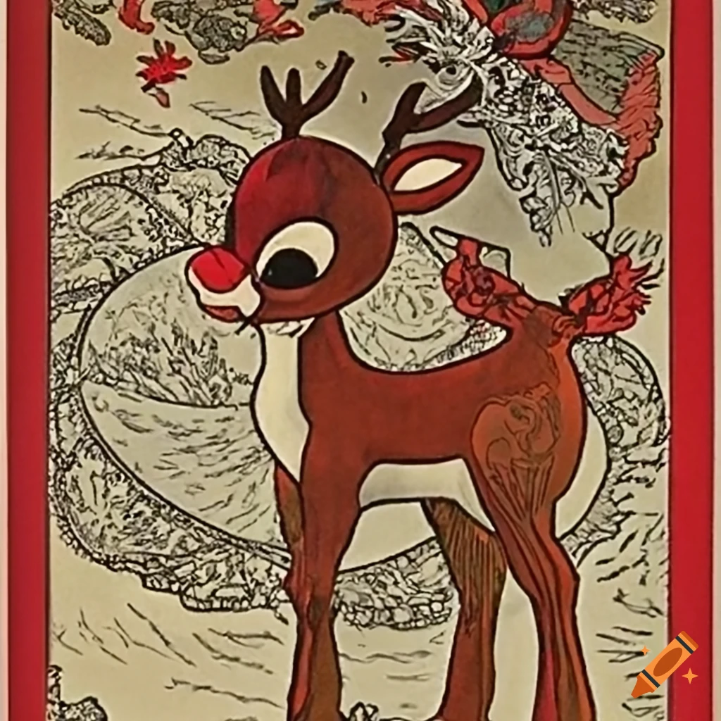 Woodblock travel poster inspired by rudolph the red nosed reindeer and ...