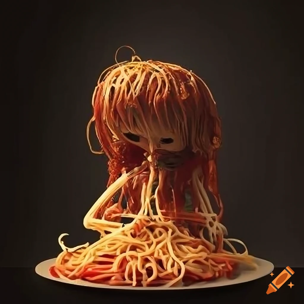 Whimsical spaghetti figure dancing on a plate on Craiyon