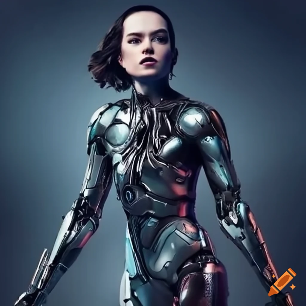 Daisy Ridley depicted as a cyborg with metallic skin on Craiyon
