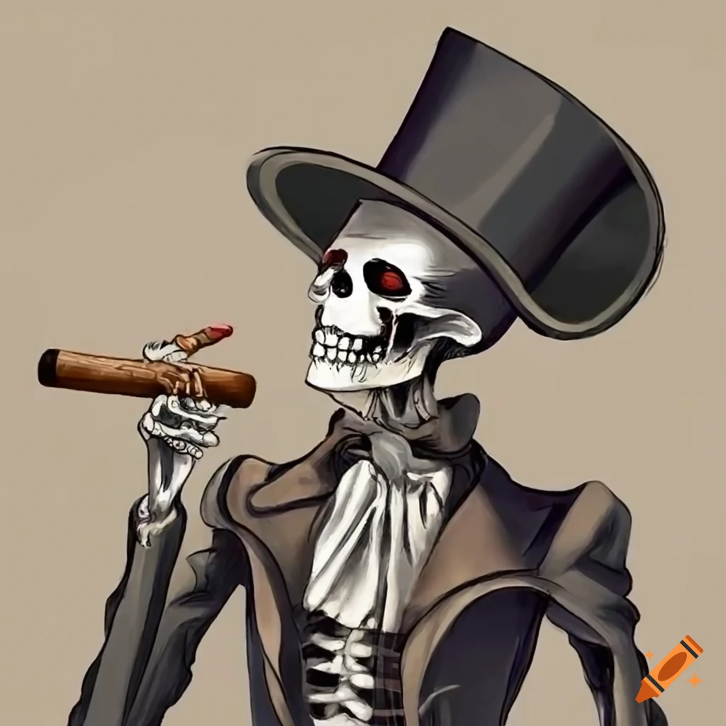 Intriguing skeleton in a top hat with a cigar in a victorian scene on ...