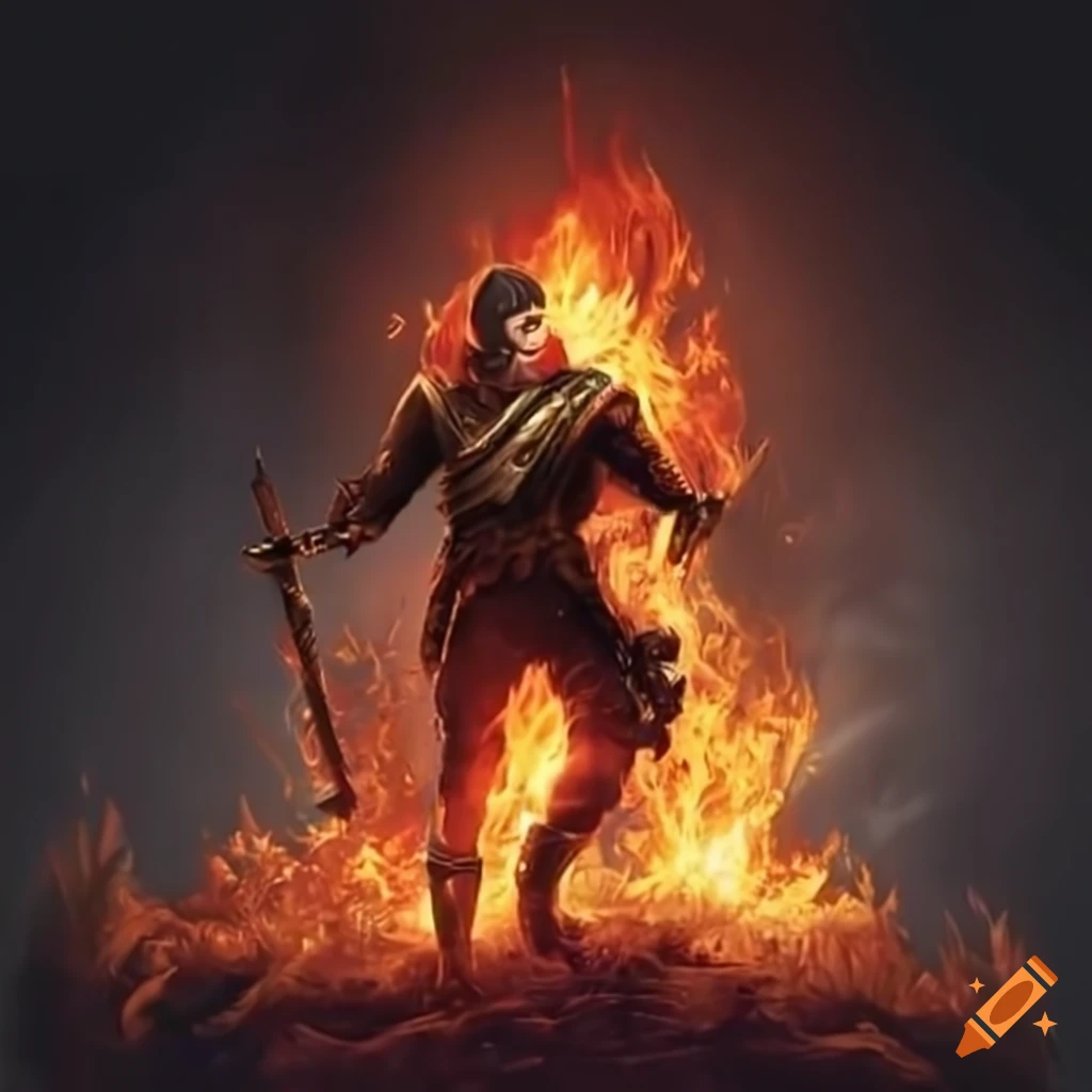 Hero emerging from fire on Craiyon