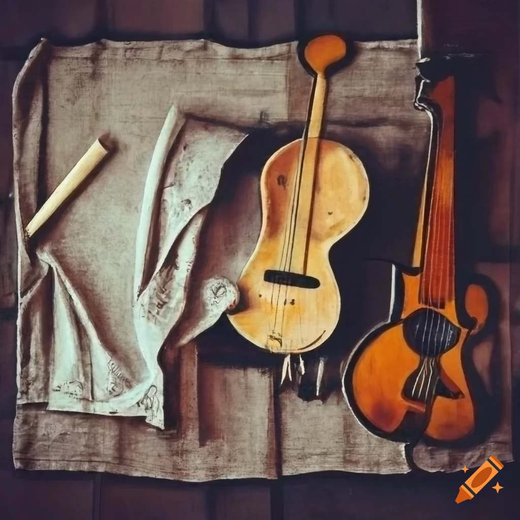 Modern still life with musical instruments, notes, fabric, dishes, and ...