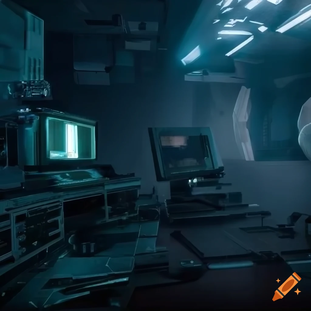 Sci-fi arctic base with workstations and CRT screen consoles on Craiyon