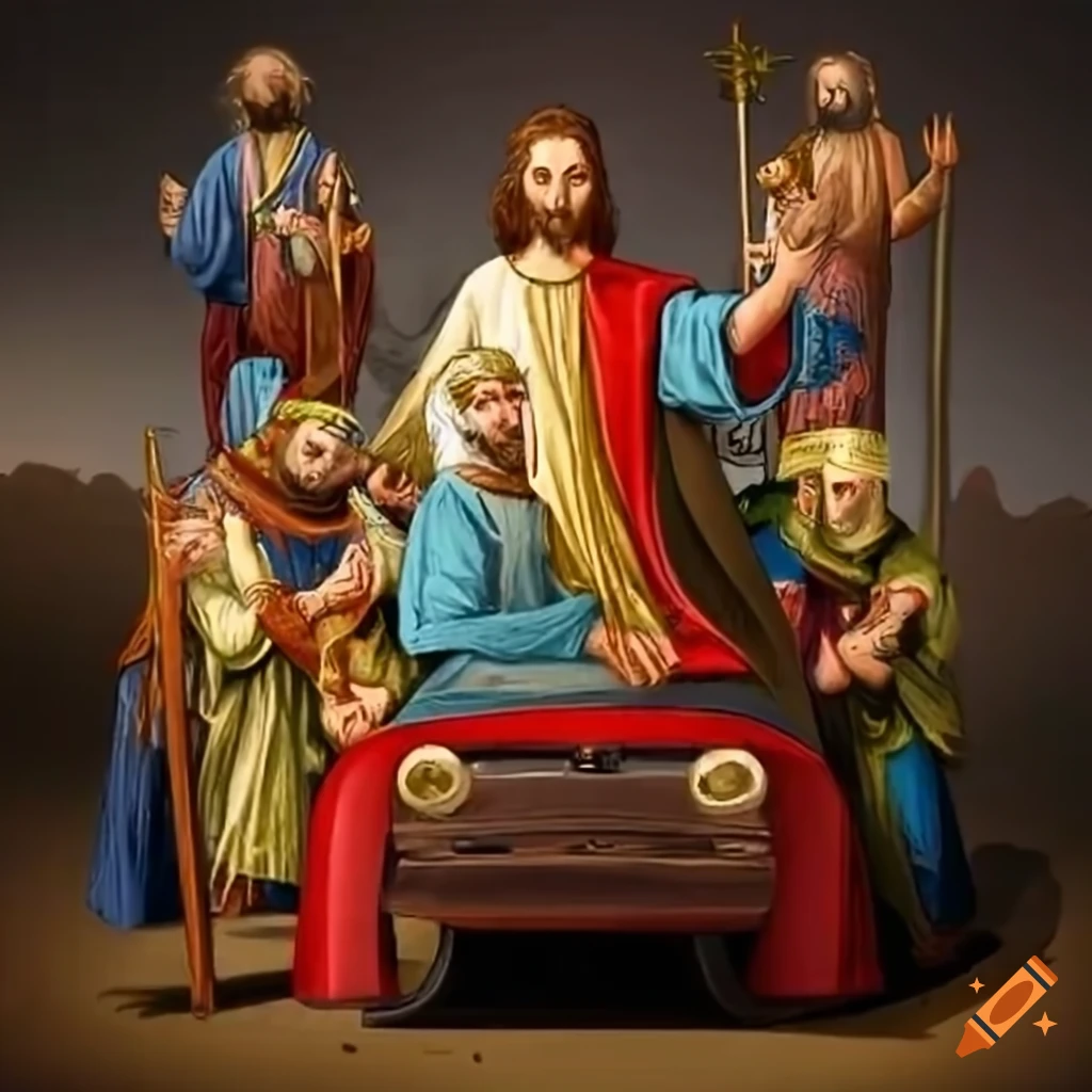 Humorous illustration of Jesus and disciples in a compact car like the ...