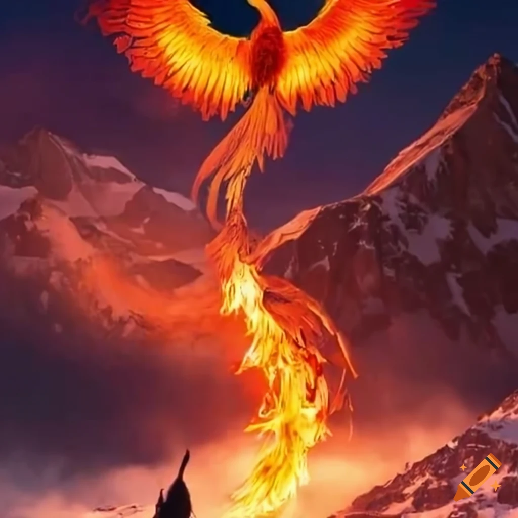 Flaming Phoenix attacked by arrows above a snowy village chased by a ...