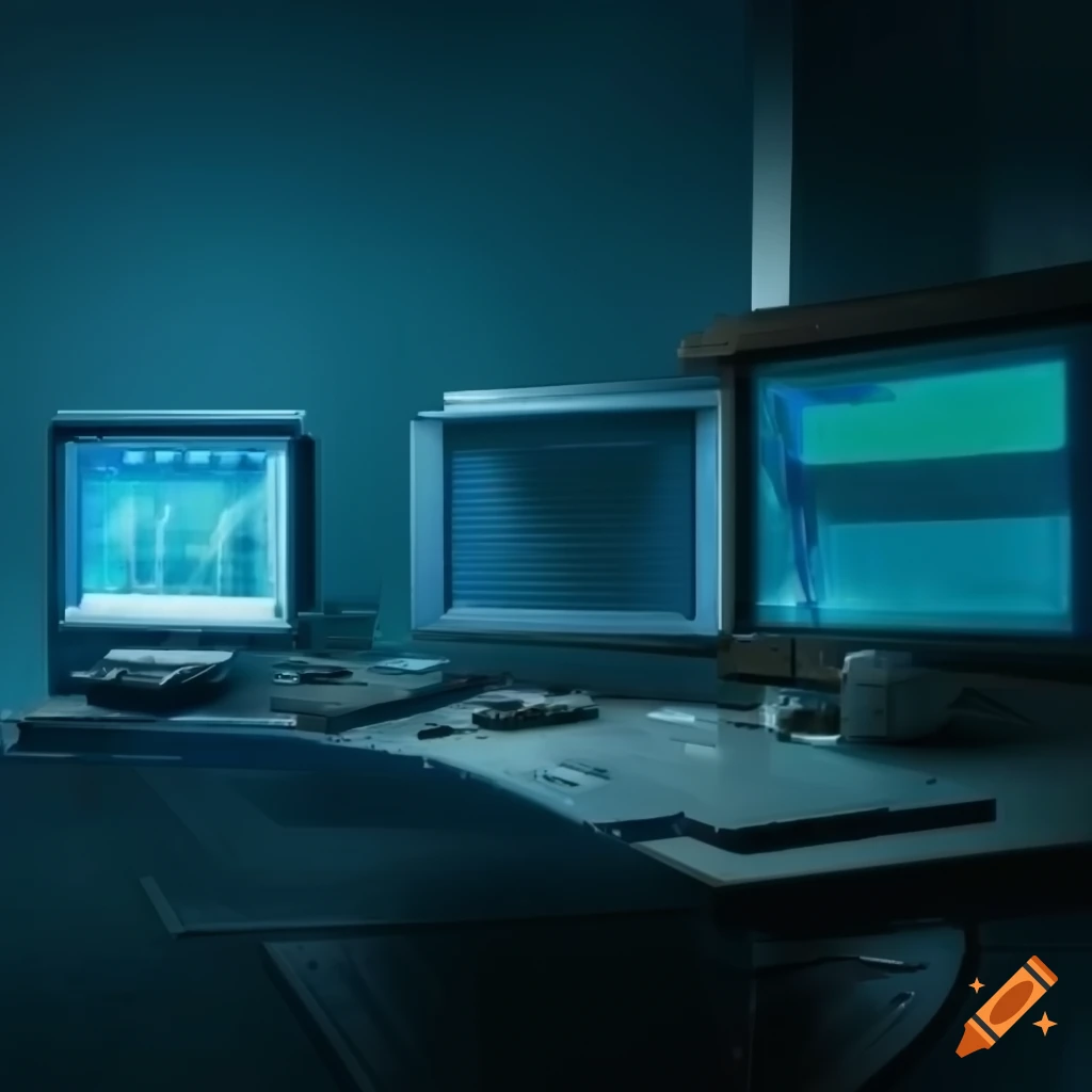 Sci-fi arctic base with workstations and CRT screen consoles on Craiyon