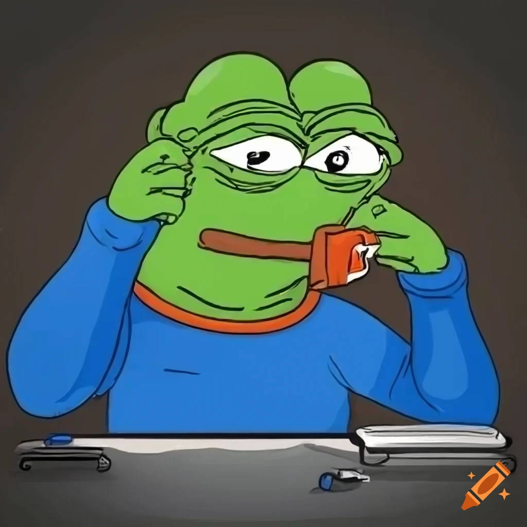 Pepe the Frog at a desk with a phone in a cartoon style on Craiyon