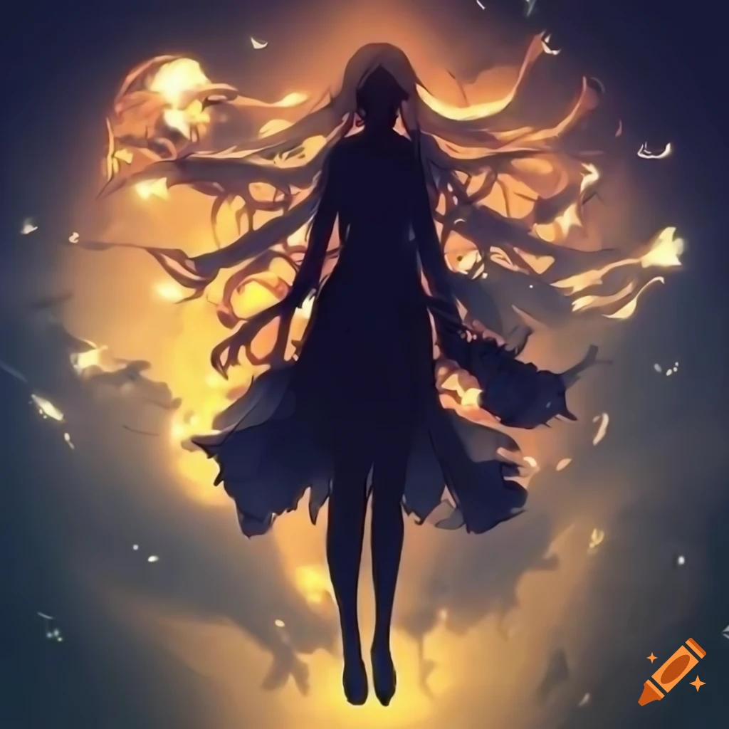 Silhouette of a pale blond woman floating in golden light in an ...