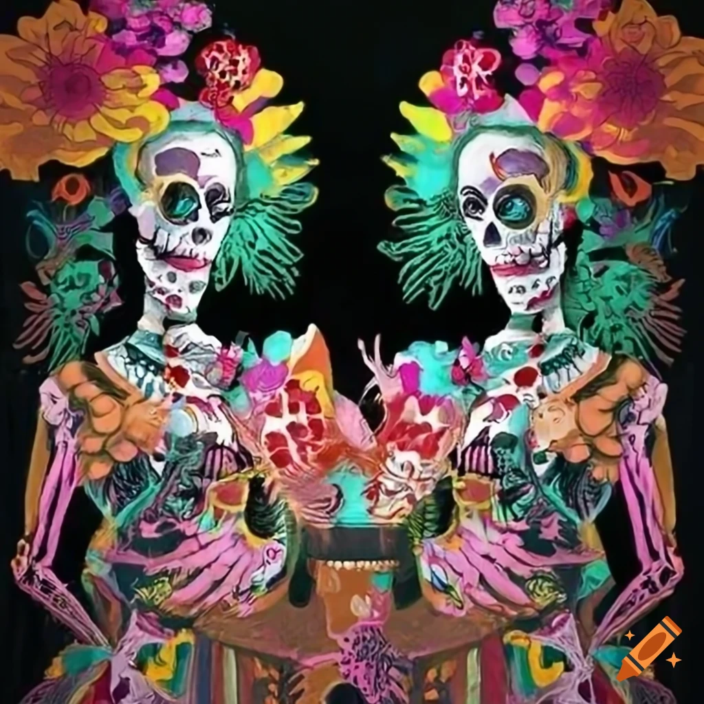 Day of the Dead male and female skeletons dancing in Frida Kahlo art ...