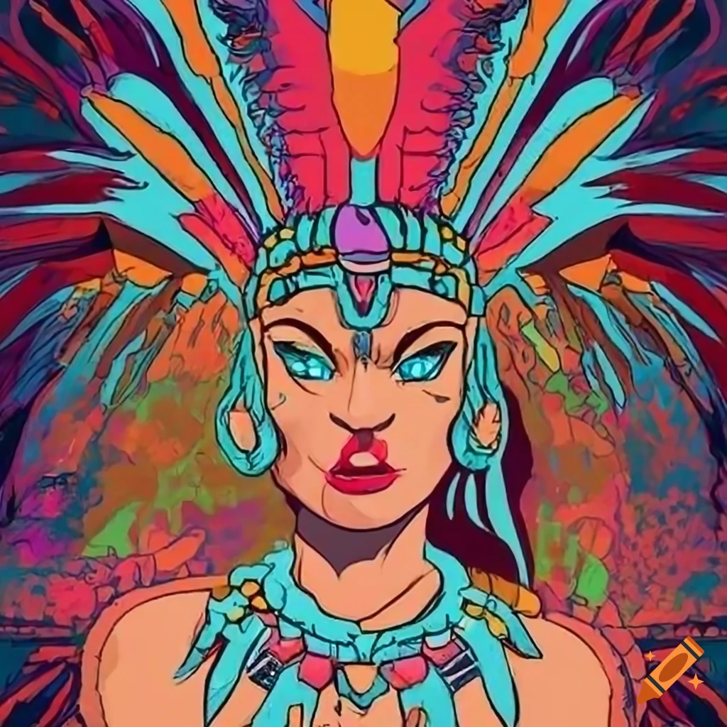 Stylized Aztec gladiator witch with a mix of impressionist and Disney ...