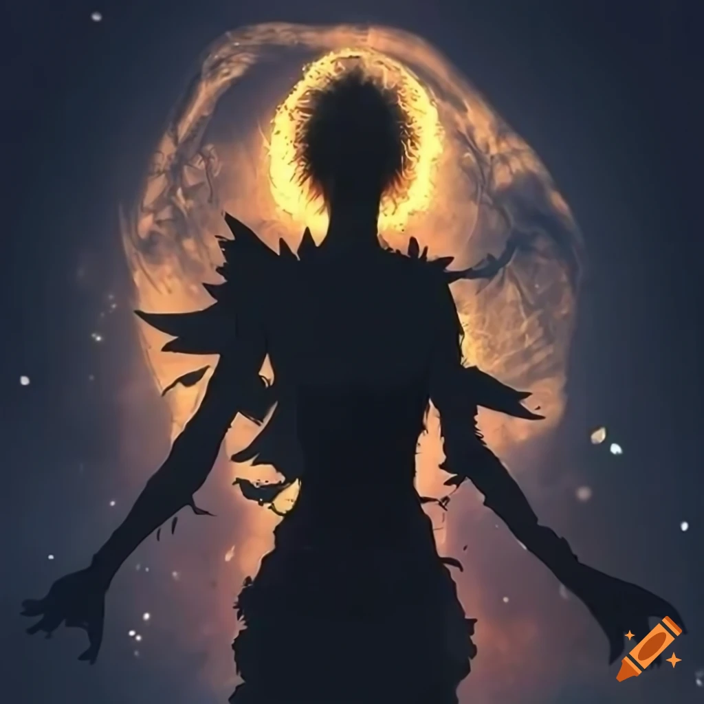 Blond goth silhouette floating in golden light arcs in apocalyptic ...