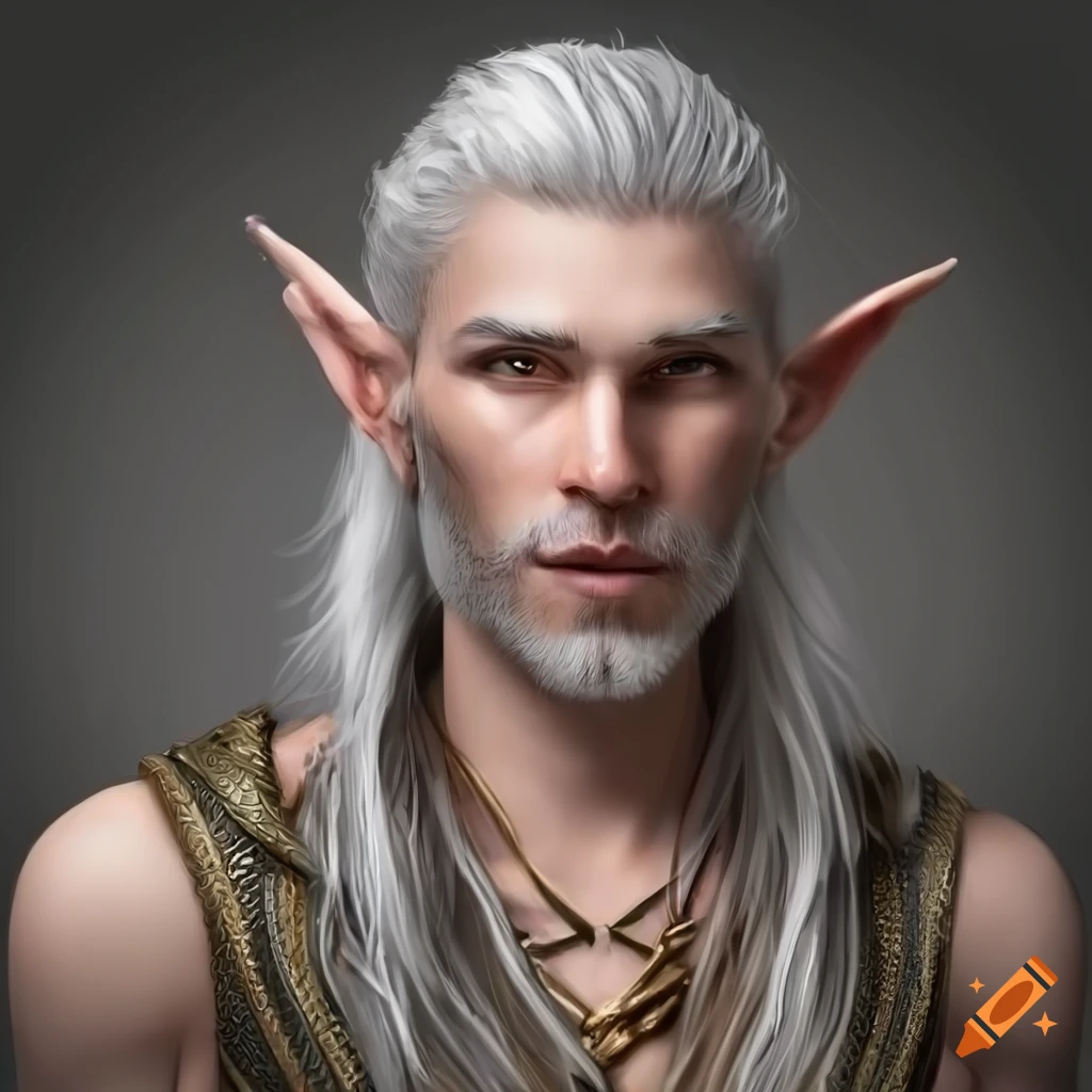 Portrait of a tall elf male with silver hair and beard on Craiyon