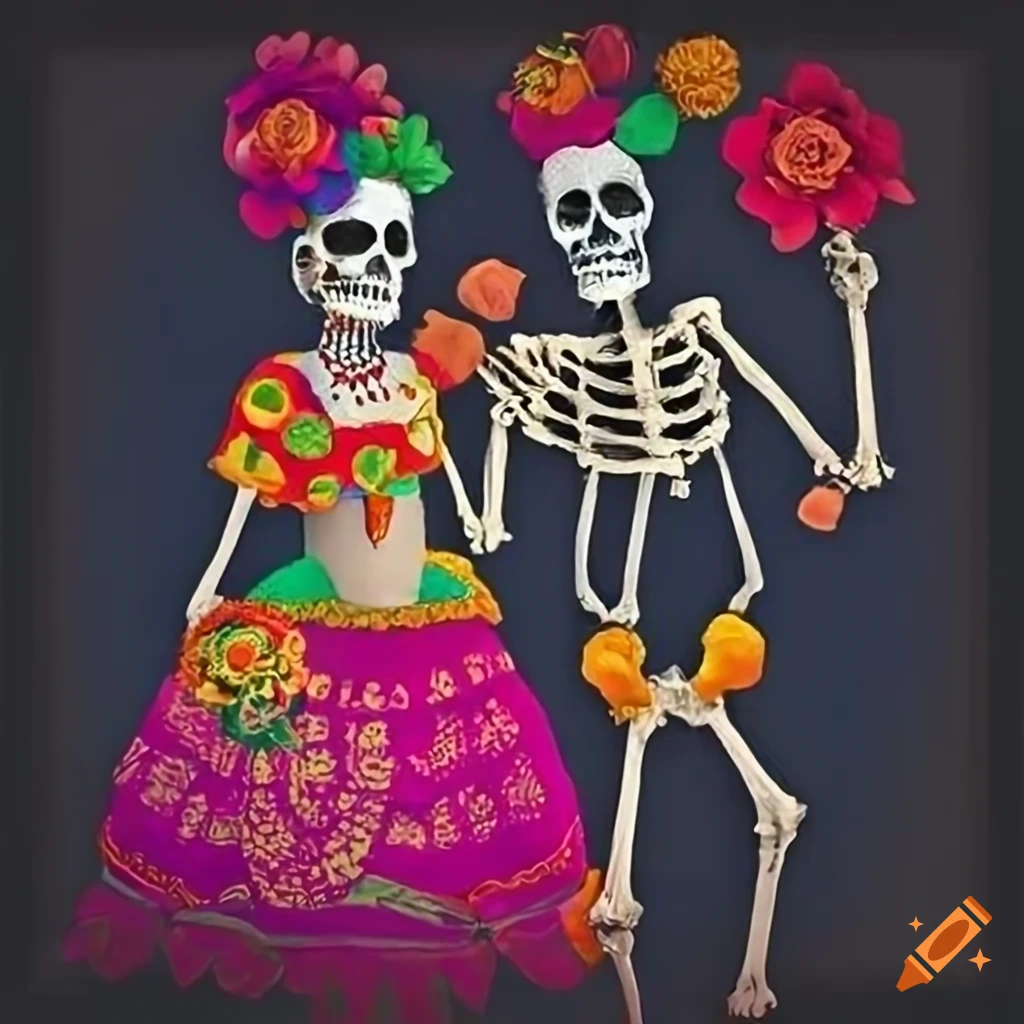 Day of the Dead male and female skeletons dancing in the style of Frida ...