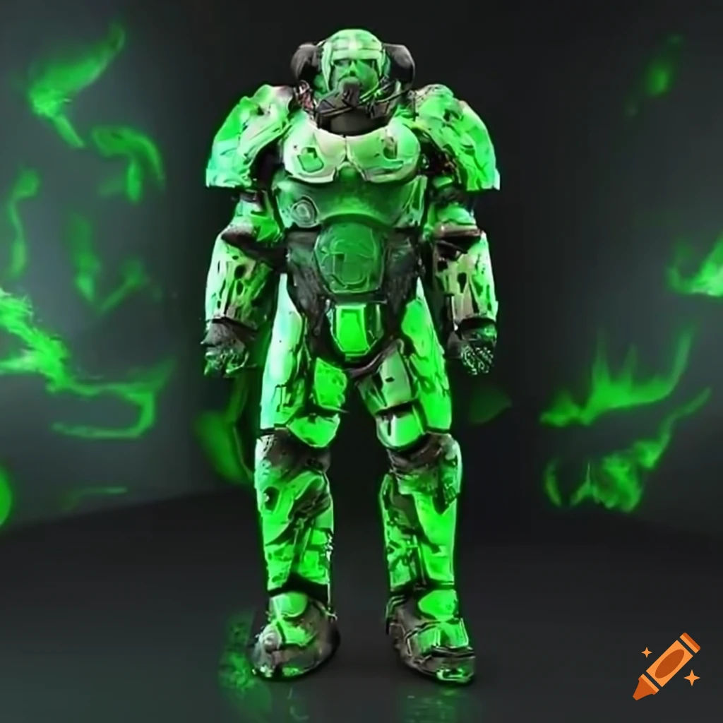 Large power armor made of glowing green lava with jet pack turbines on Craiyon