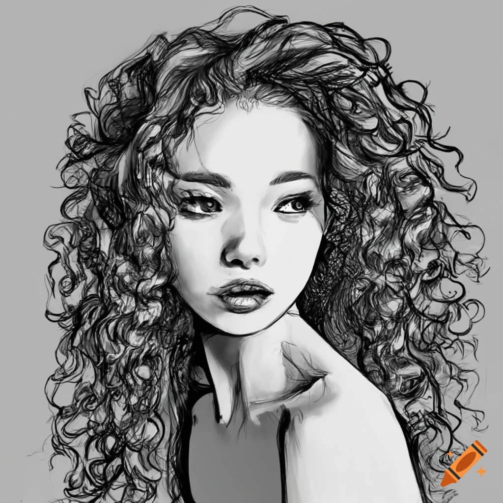Sketch of a woman with curly hair wearing a dress and unique eye design ...